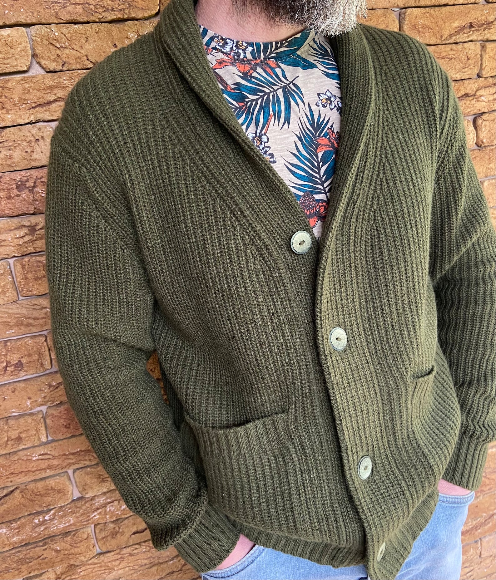 Green Knitted Woolen Men's Cardigan, Soft Merino Wool Men's Cardigan ...