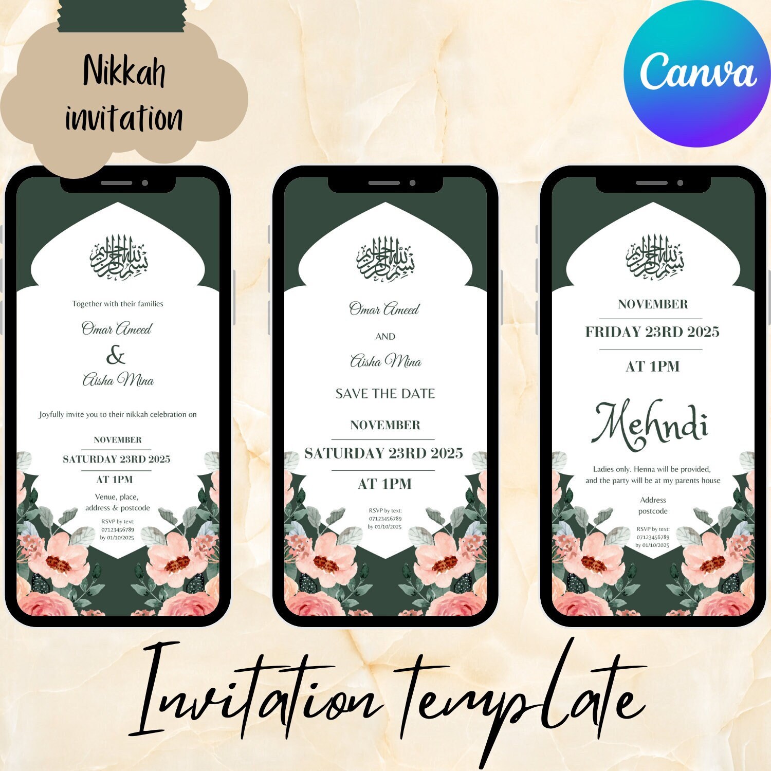 Nikkah Wedding Invitation, Nikkah Invite, Nikkah Invitations, Mehndi ...