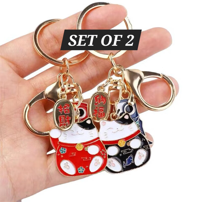 SET OF 2 Japanese Neko Lucky Cat Keychains, Japanese Good Luck Charm ...