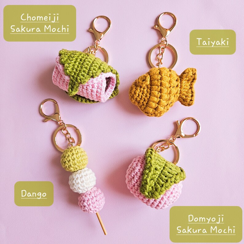 Crochet Sakura Mochi Keychain, Crochet Taiyaki Keychain, Crochet Dango ...