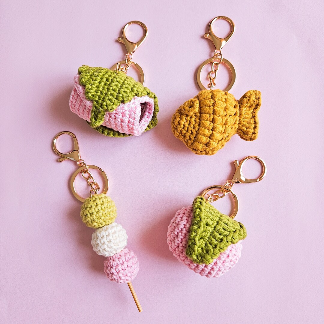 Crochet Sakura Mochi Keychain, Crochet Taiyaki Keychain, Crochet Dango ...