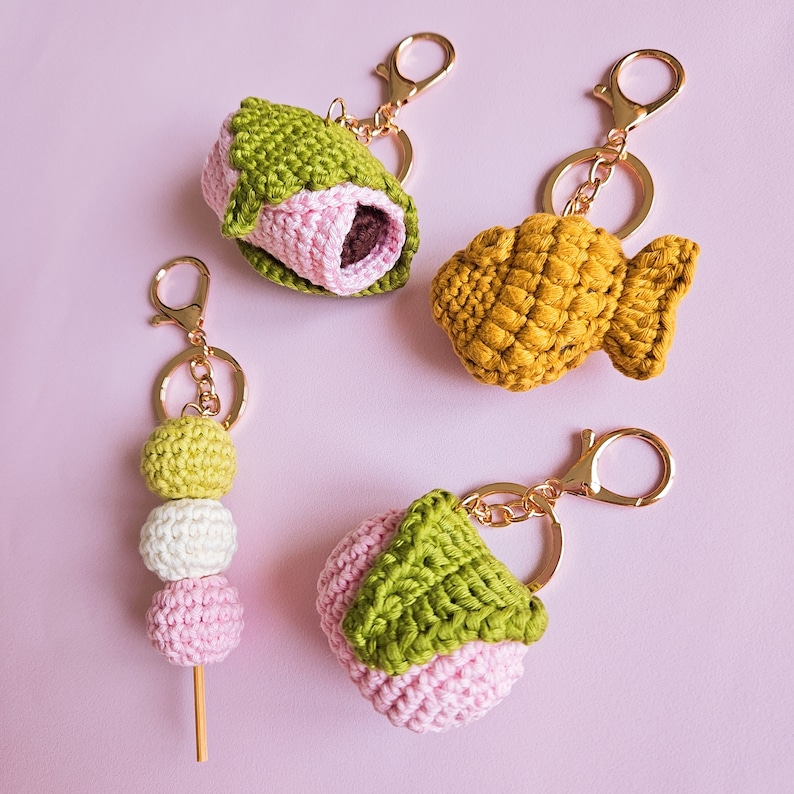 Crochet Sakura Mochi Keychain, Crochet Taiyaki Keychain, Crochet Dango ...