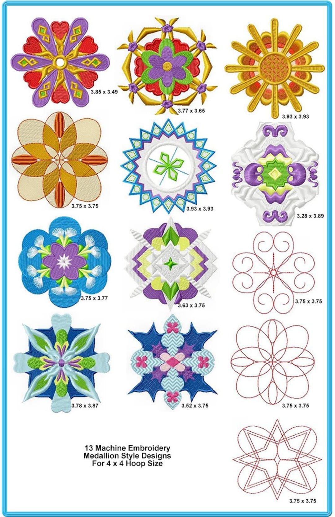 Medallion Style Machine Embroidery Designs for Quilt Blocks 4 X 4 Hoop ...