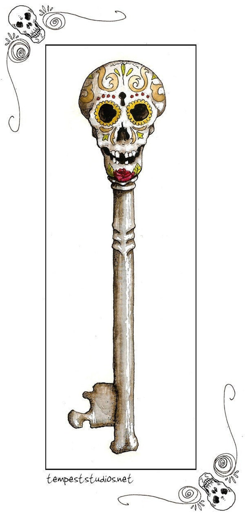 Bone Skeleton Key Original Watercolor Illustration Day of the Dead ...