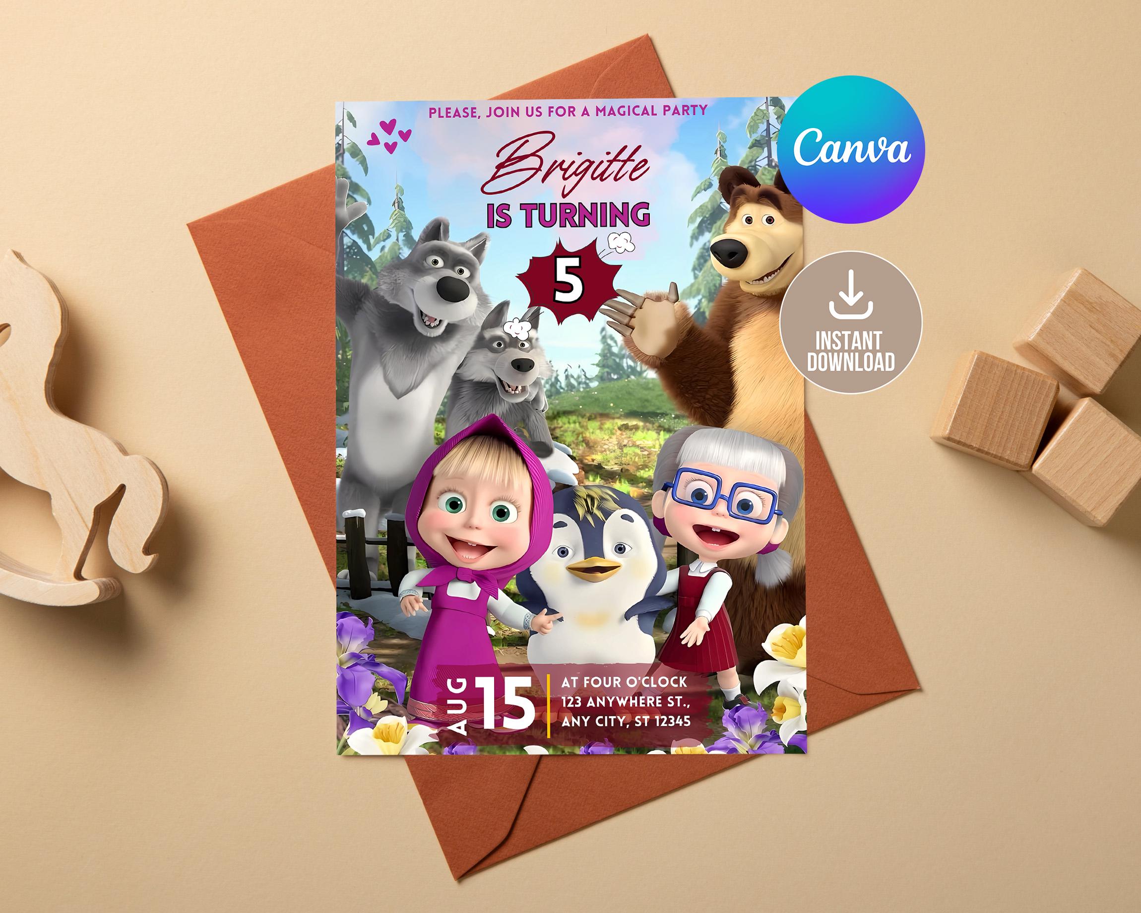 Editable Masha and the Bear Birthday Invitation, Printable Masha and ...