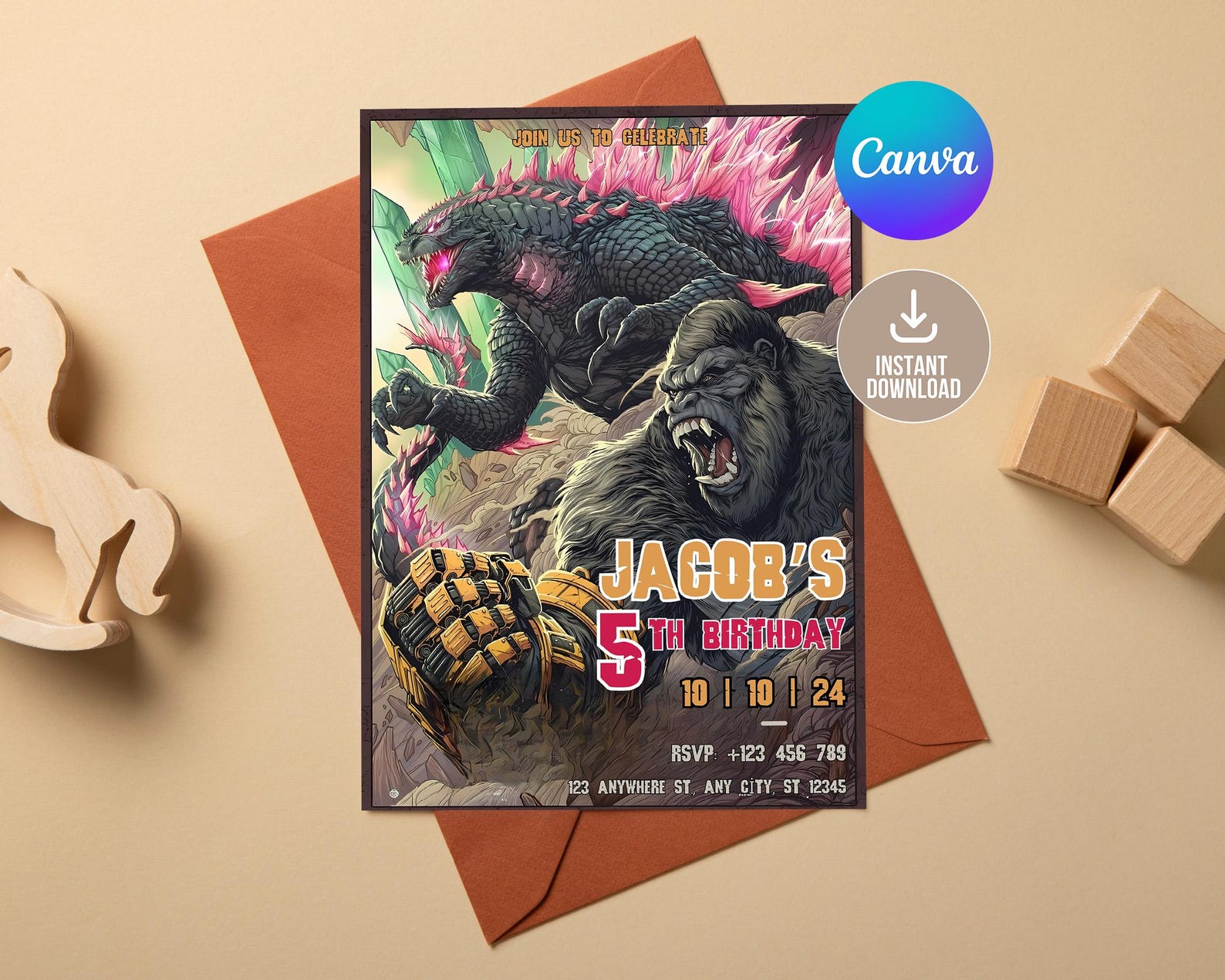 Editable King Kong and Godzilla Invitation, King Kong and Godzilla ...