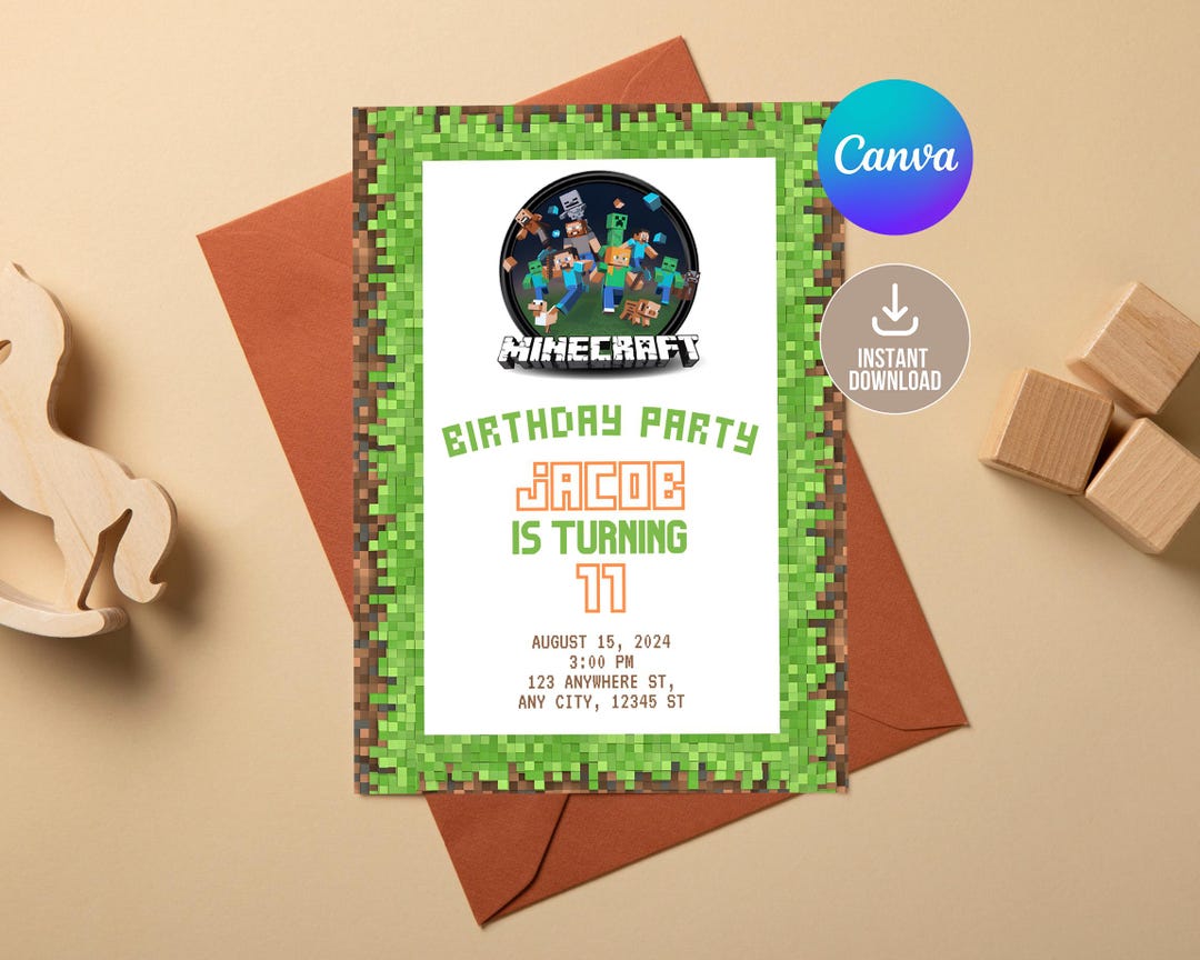 Invitación de cumpleaños editable de Minecraft, invitaciones de ...