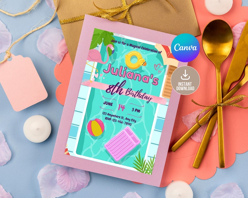 Editable Pool Party Invitation, Summer Birthday Invite, Pool Party Girl ...