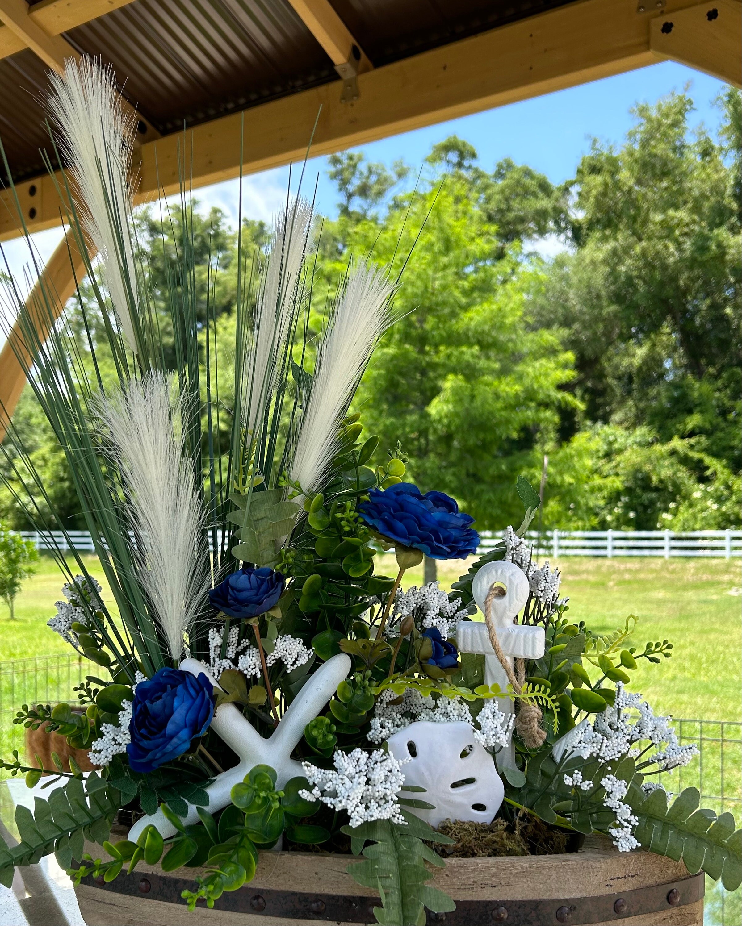 Nautical Boat Centerpiece With Pompous Grass and Navy Blue Roses Lake ...