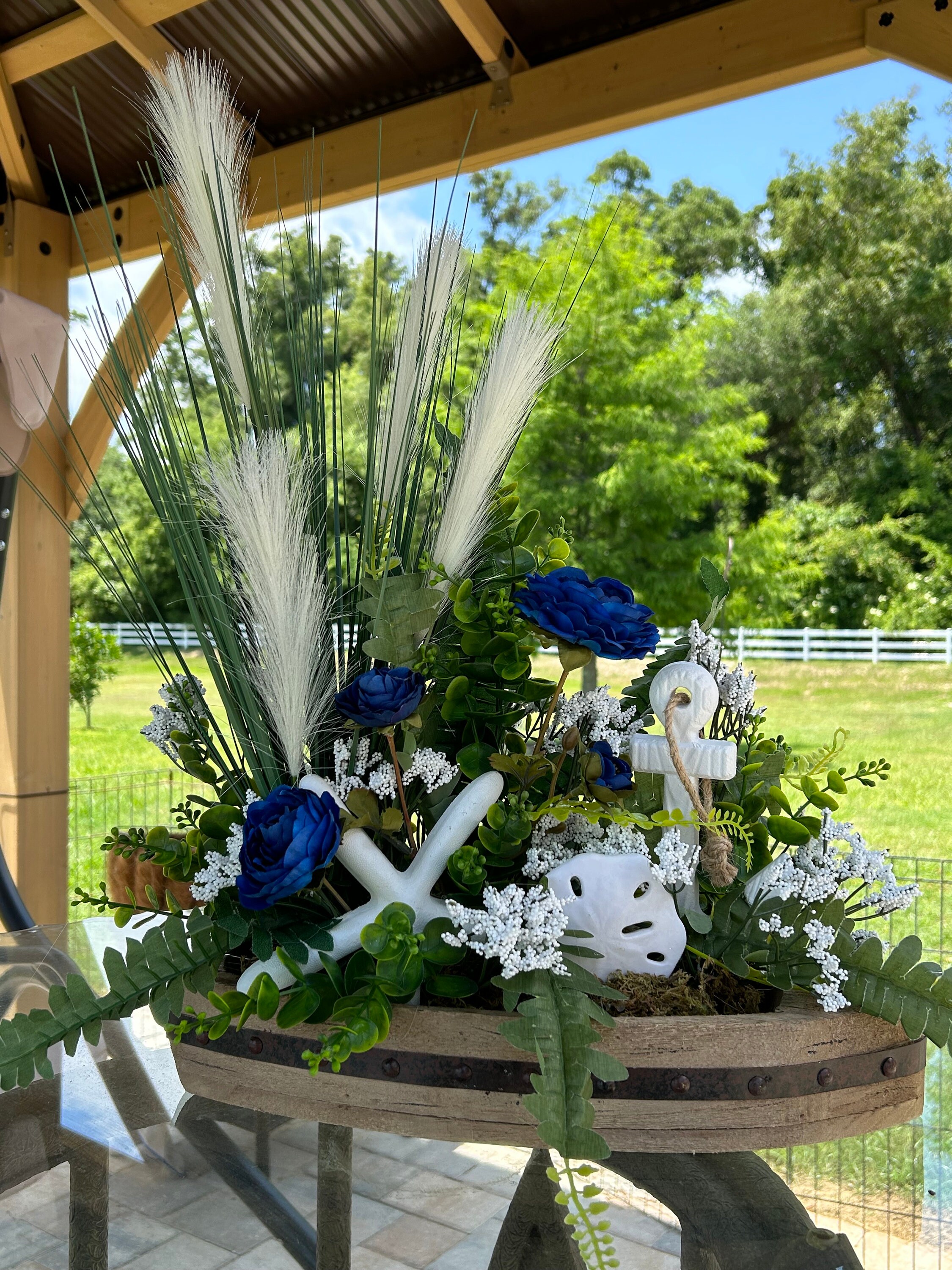 Nautical Boat Centerpiece With Pompous Grass and Navy Blue Roses Lake ...
