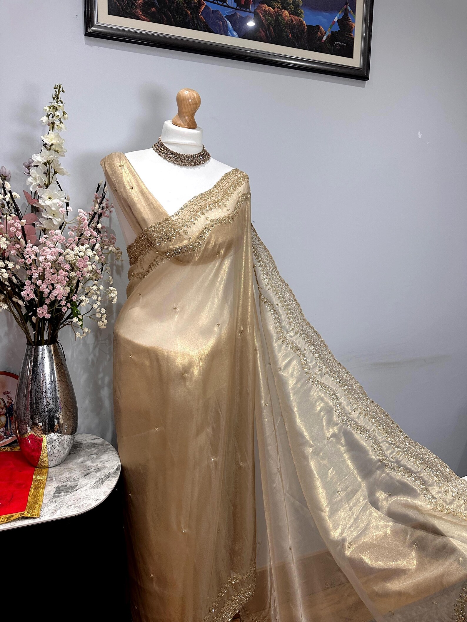Golden Tissue Organza Saree: Hand Embroidered Border, Wedding Sari ...