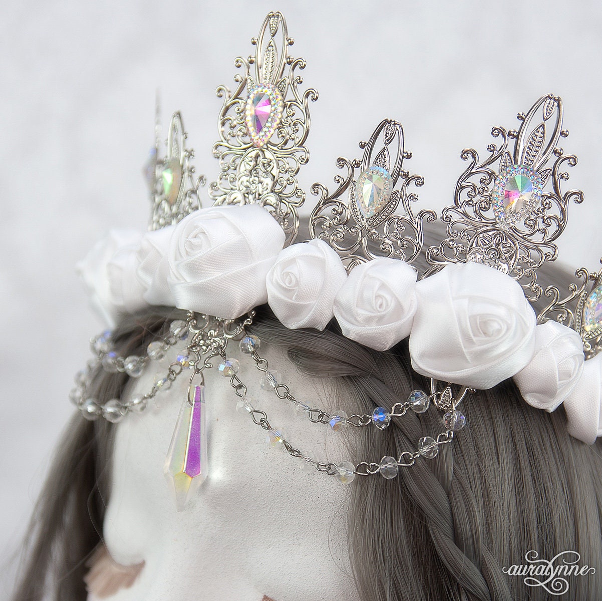 White Gothic Snow Queen Fairy Tale Crown | Satin Roses, Metal Filigree ...