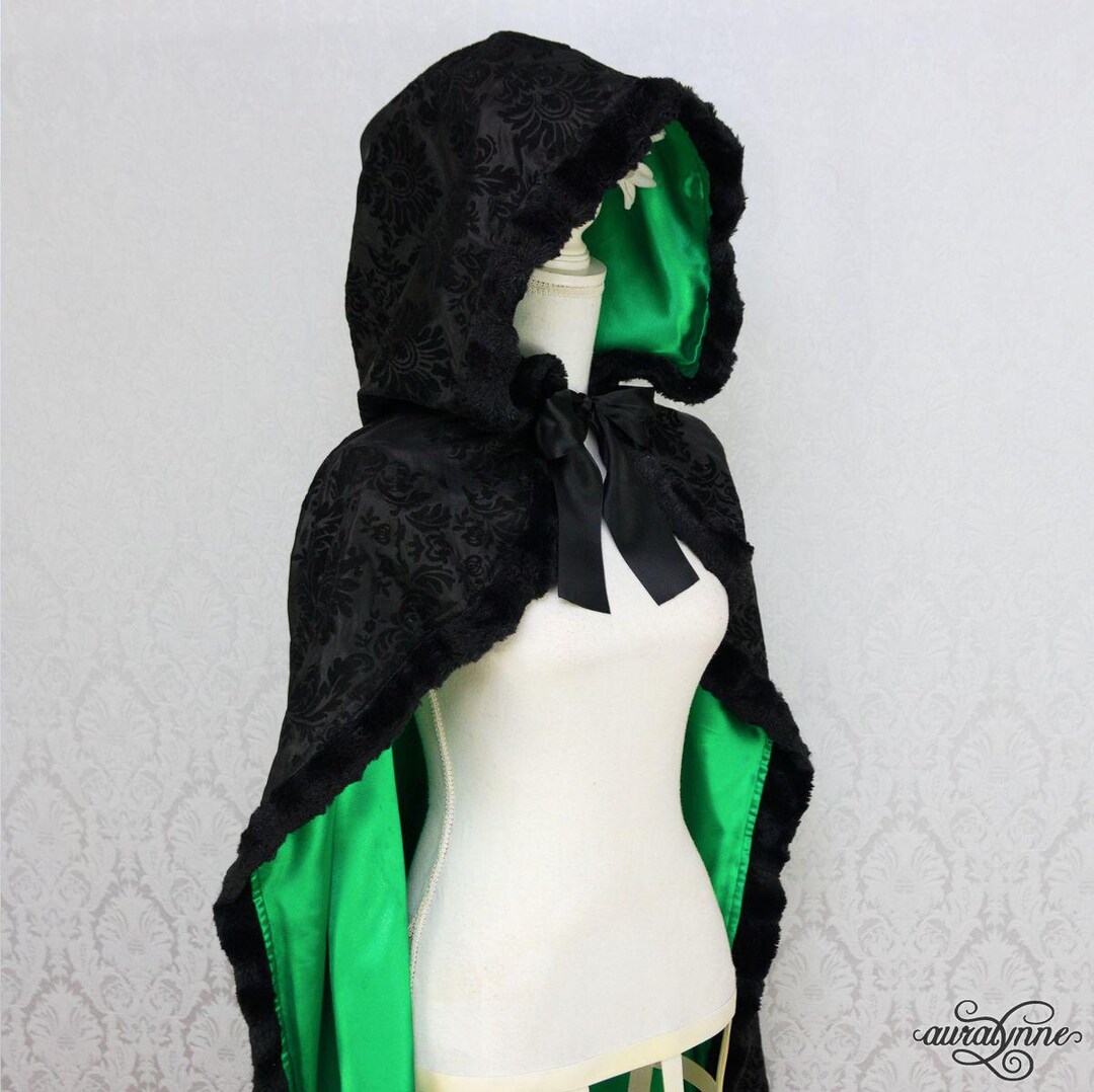 Emerald Enchantress Medieval Fantasy Cloak | Black Damask and Green ...