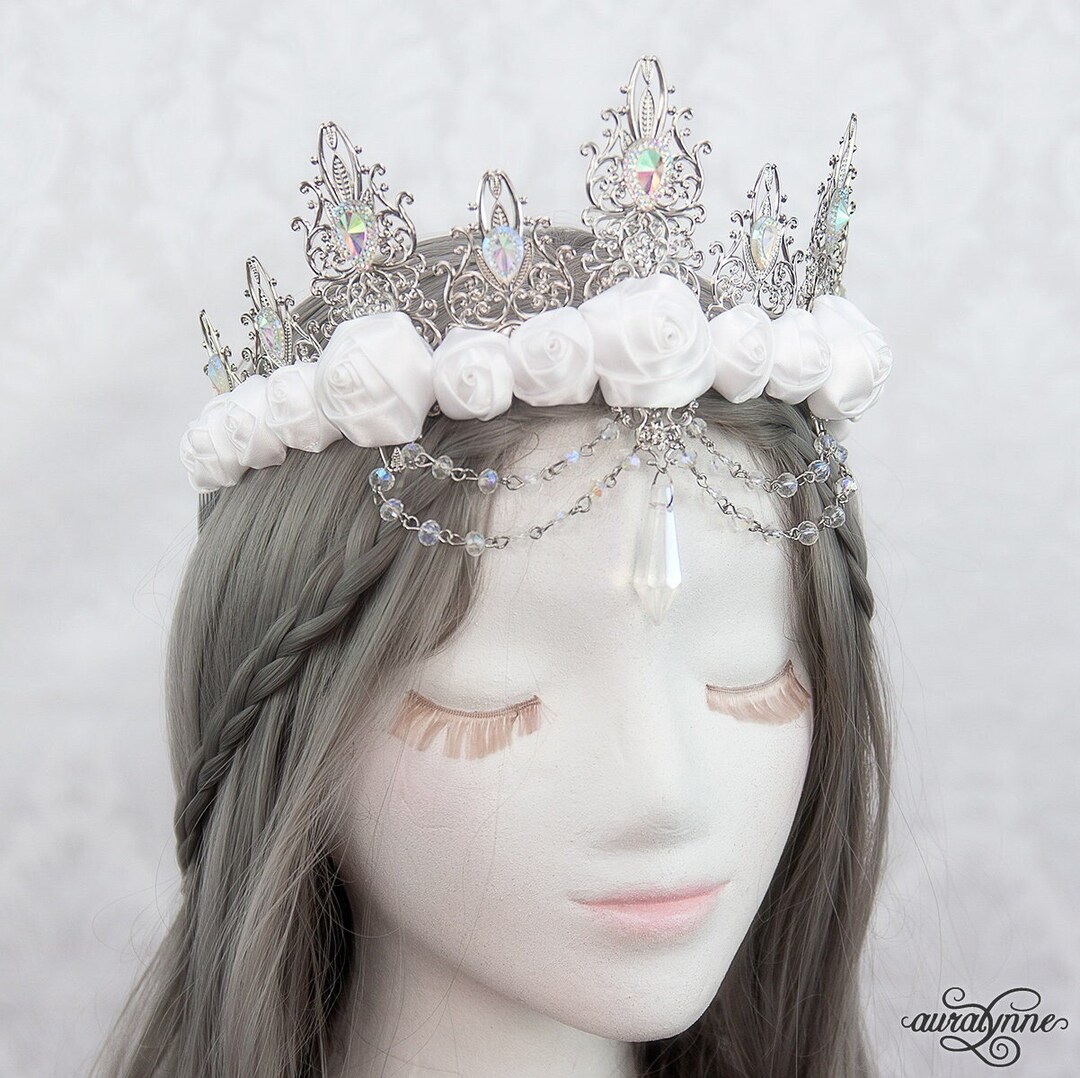 White Gothic Snow Queen Fairy Tale Crown | Satin Roses, Metal Filigree ...
