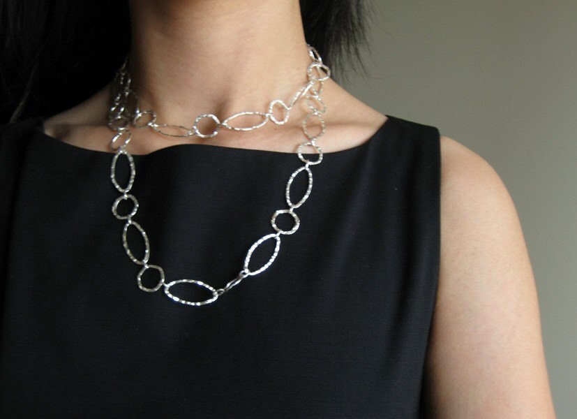Super Long Links Necklace - Sterling Silver Hammered Linked Chain ...