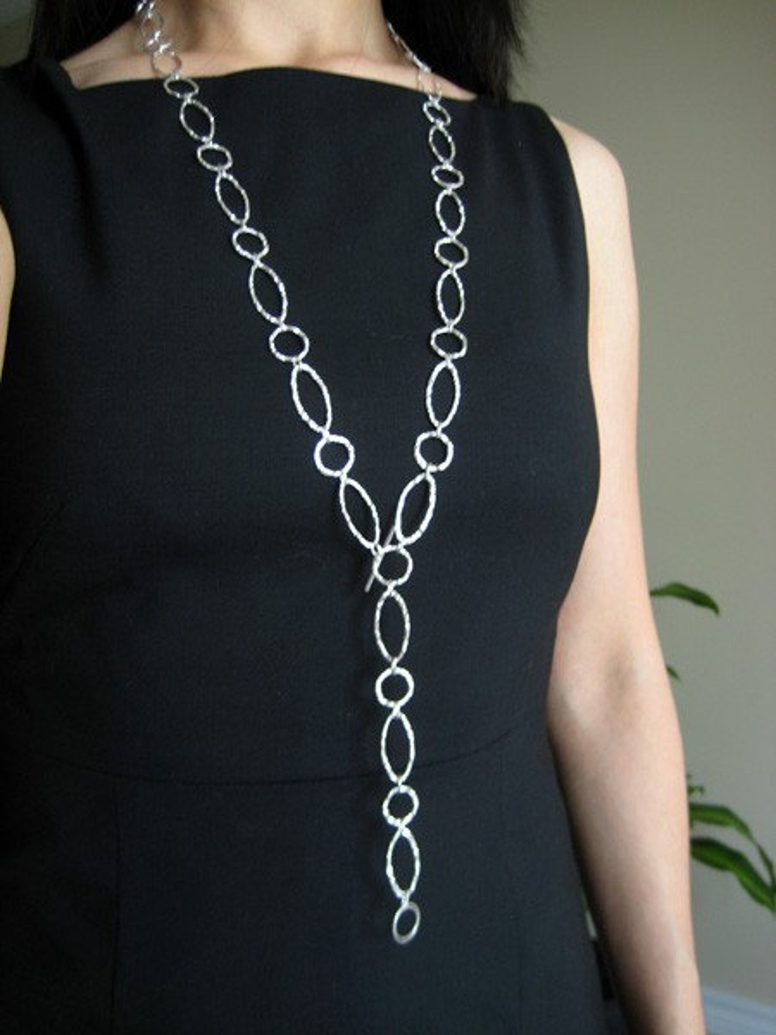 Super Long Links Necklace - Sterling Silver Hammered Linked Chain ...