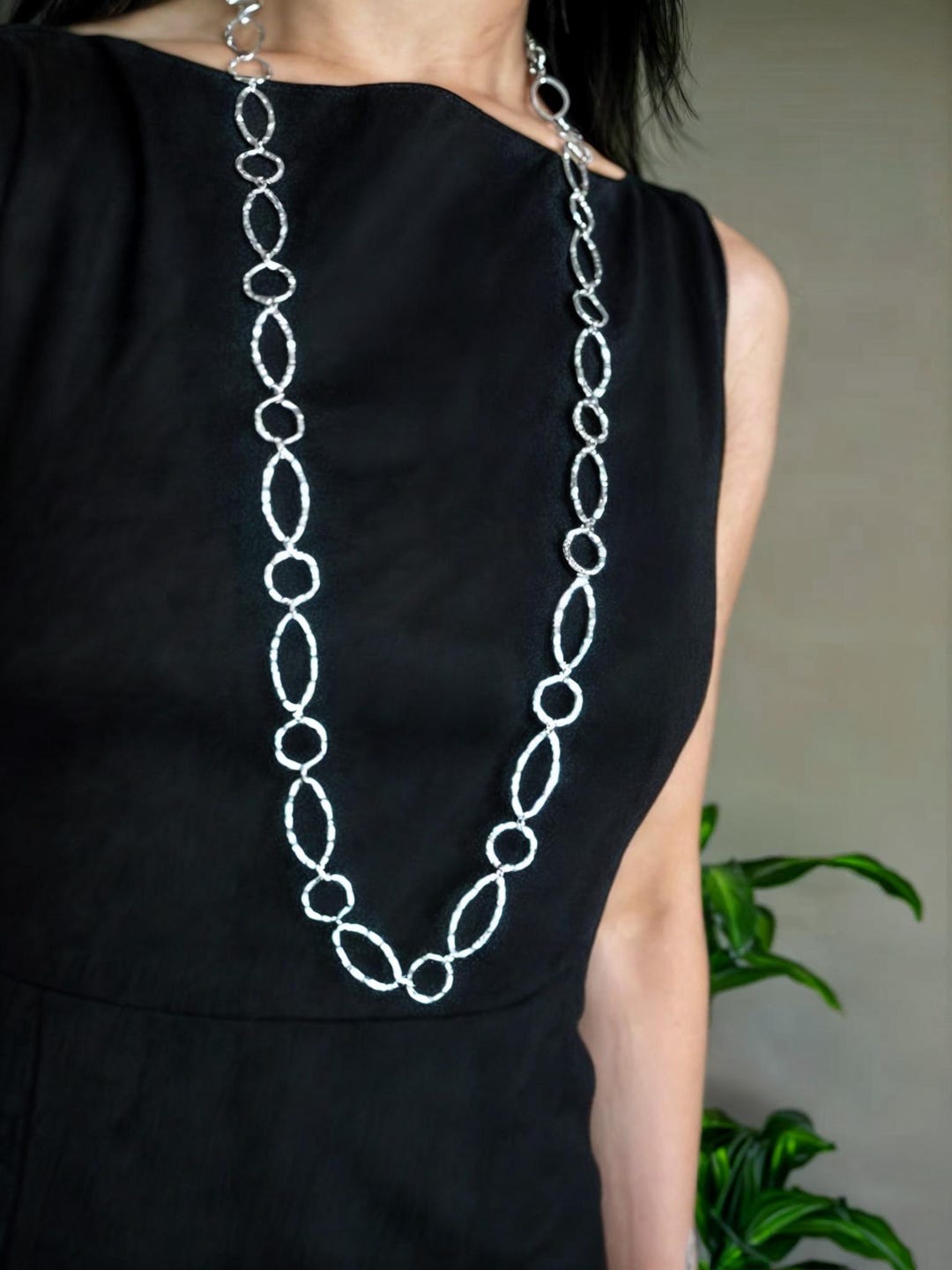 Super Long Links Necklace - Sterling Silver Hammered Linked Chain ...