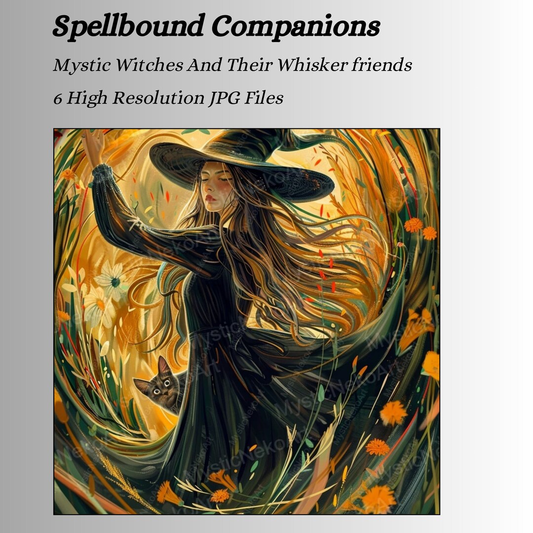 Magical Enchanting Witches Cute Cats Wildflowers Vintage Art Print ...