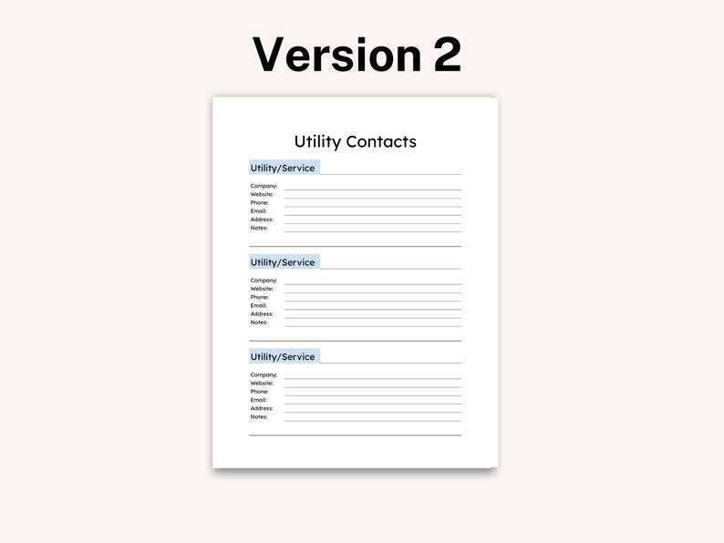 Printable Utility Contacts Template, Utility Service Address Book ...