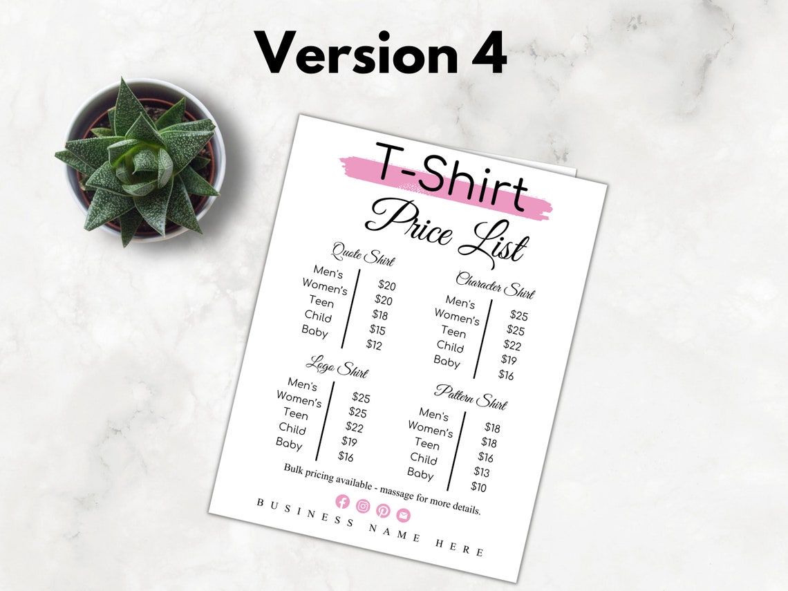 Editable TSHIRT Price List Template, Shirt Order Form, Printable Price ...