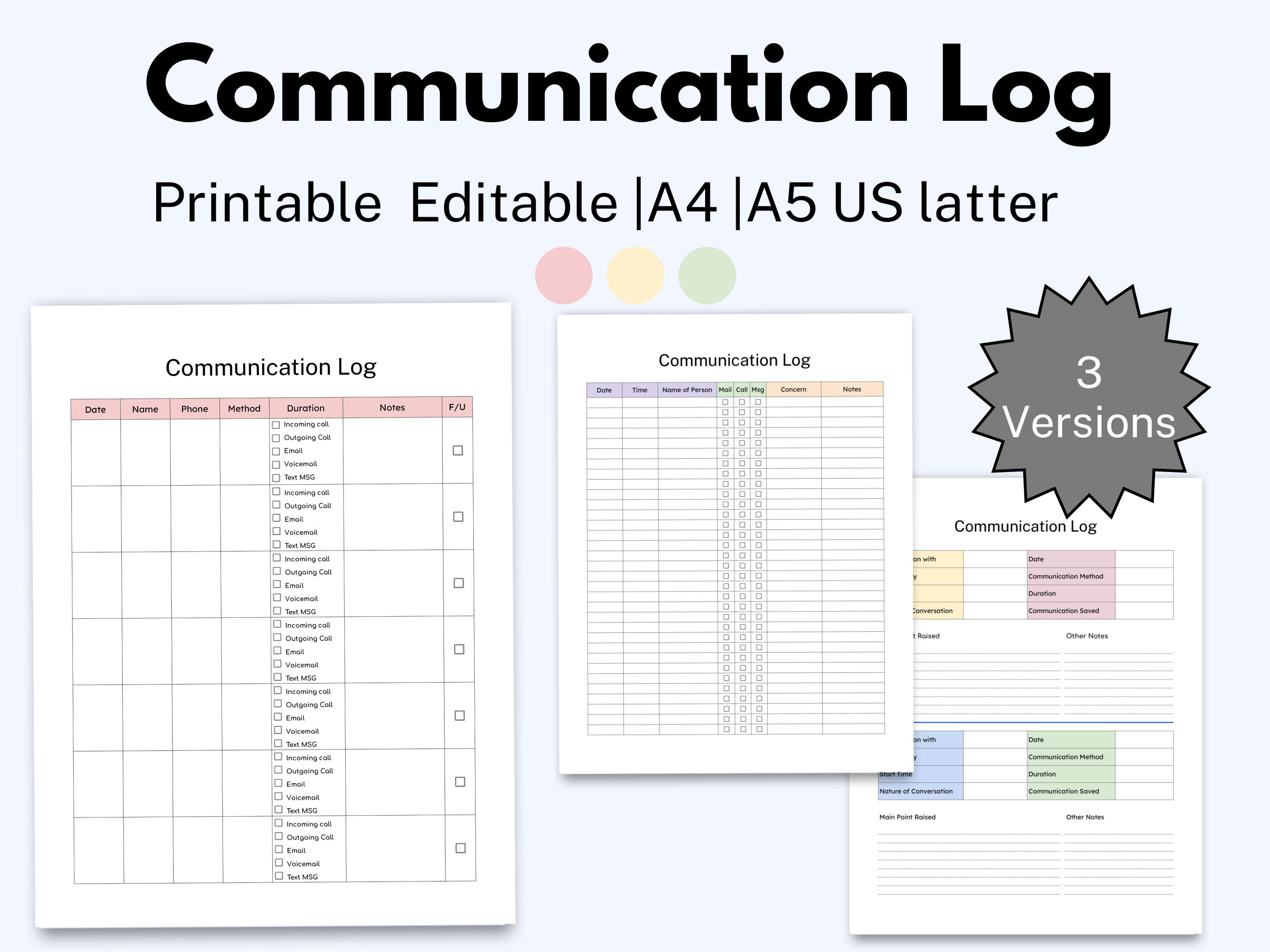 Communication Log Printable, Parent Communication Log, Call Log ...