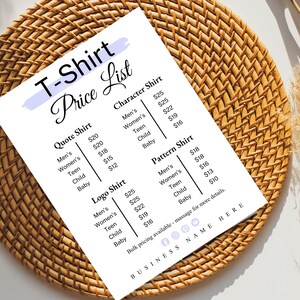 Tshirt Price List Template Editable, Crafter Business Order Form PDF ...