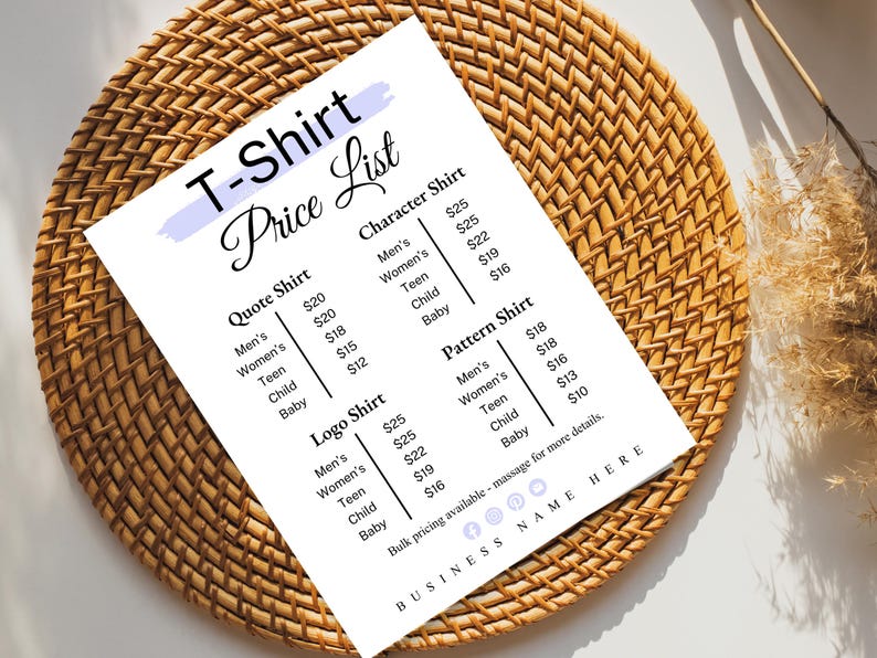 Editable TSHIRT Price List Template, Shirt Order Form, Small Business ...