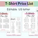 Editable TSHIRT Price List Template, Shirt Order Form, Printable Price ...