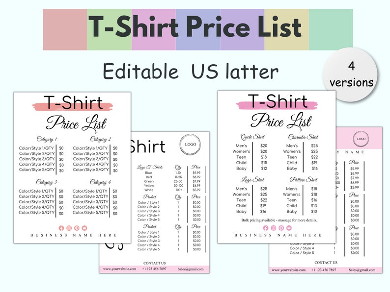 Editable TSHIRT Price List Template, Shirt Order Form, Printable Price ...