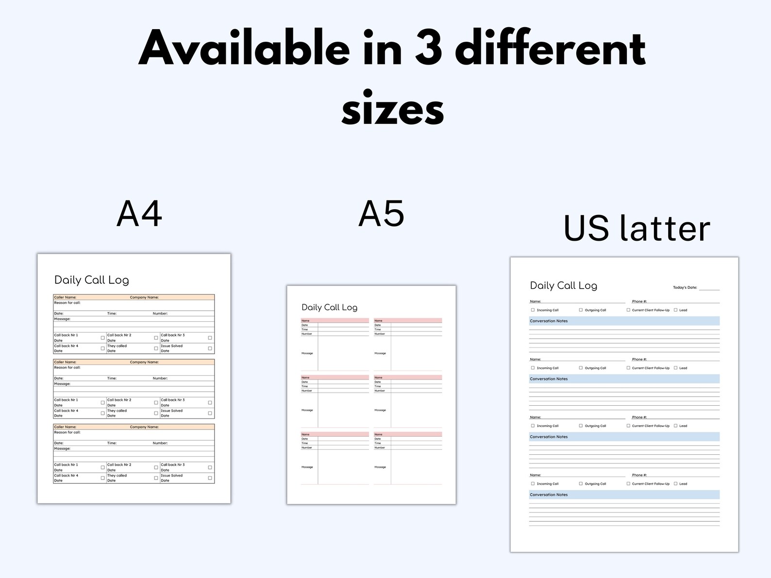 Printable Daily Call Log, Communication Log, Call Back Tracker, Missed ...
