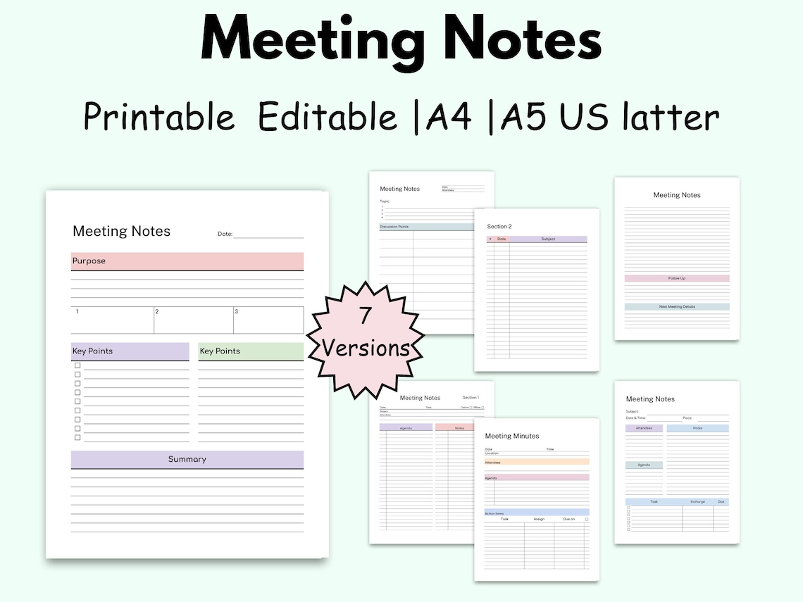 Meeting Minutes Template Printable, Meeting Notes, Meeting Agenda ...