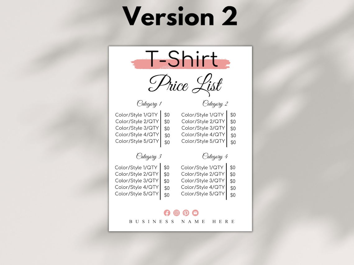 Editable TSHIRT Price List Template, Shirt Order Form, Printable Price ...