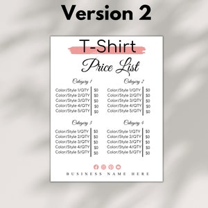 Editable TSHIRT Price List Template, Shirt Order Form, Printable Price ...