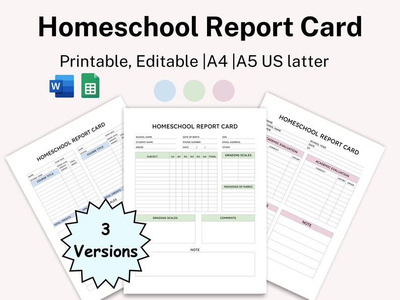 Report Card Editable & Printable, Homeschool Report Sheet, Homeschool Report Card, Academic ...