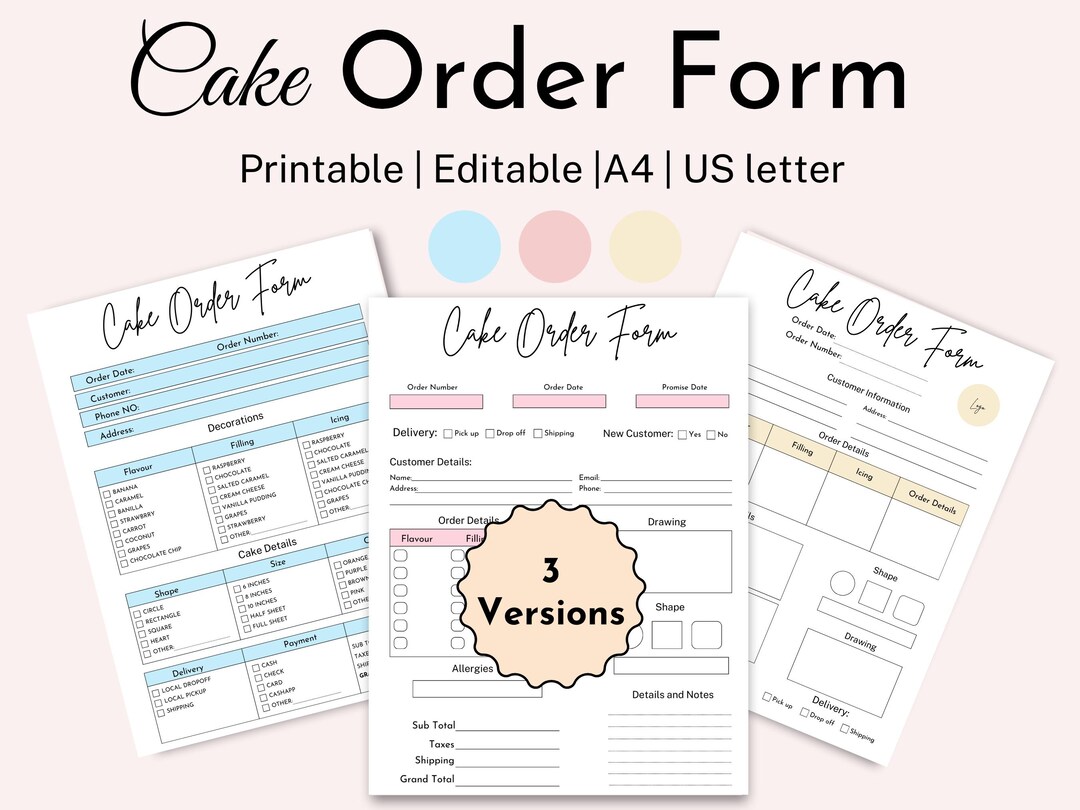 Cake Order Form Editable, Cake Bakery Form, Wedding Cake Order Form, Baking Business Form, Cake ...