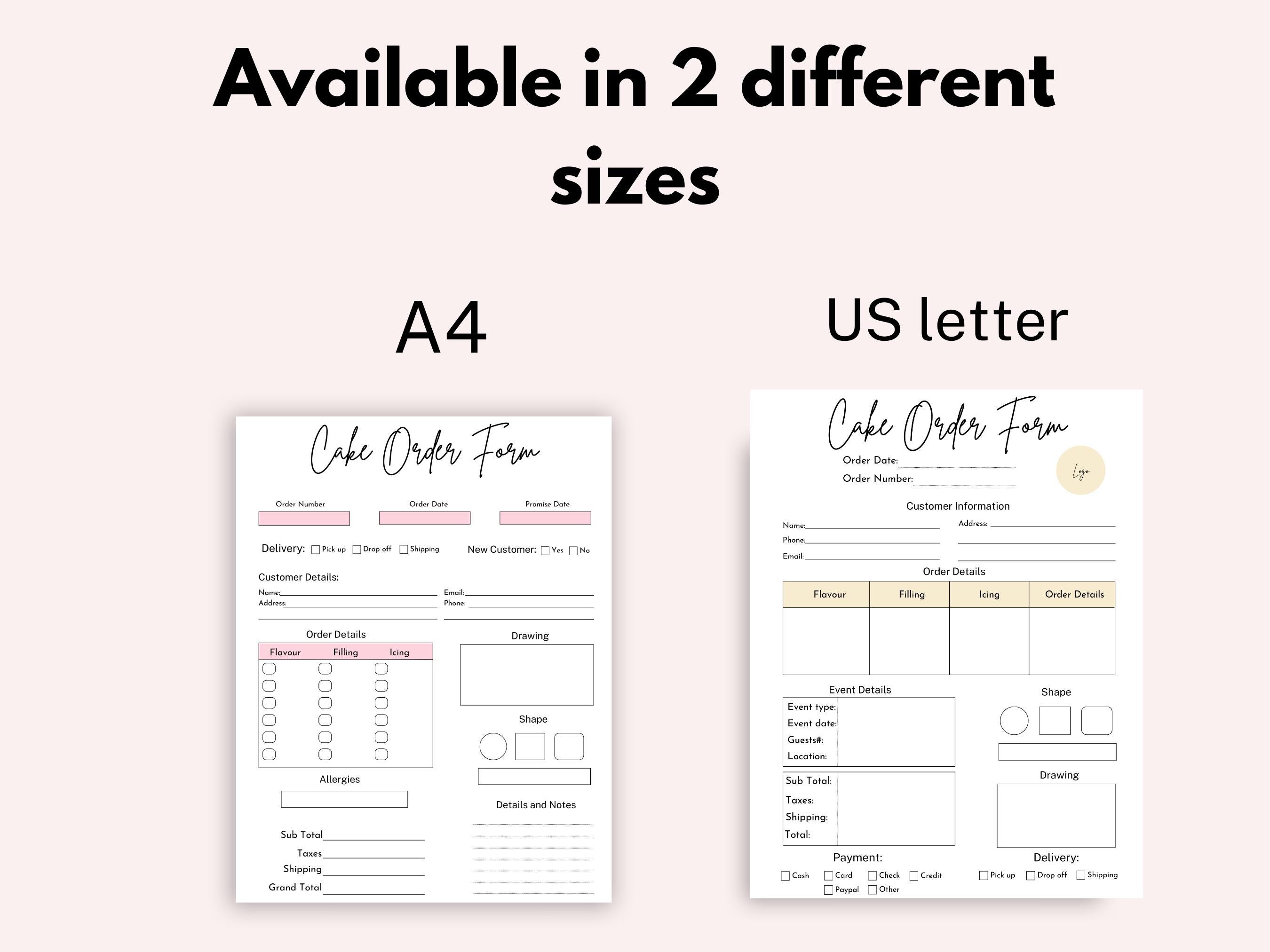Cake Order Form Editable, Cake Bakery Form, Wedding Cake Order Form ...