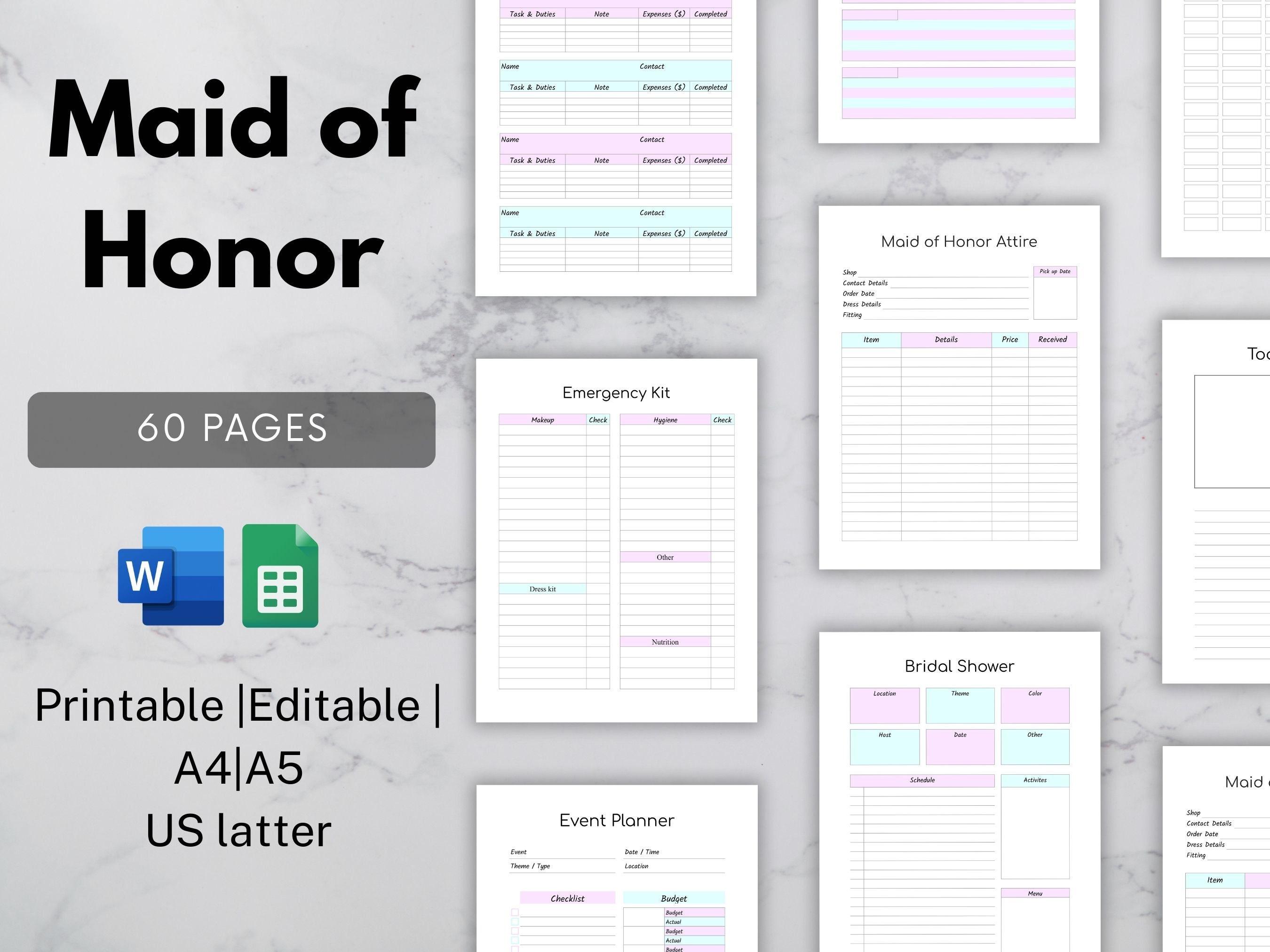 Maid of Honor Planner Printable, 60pg Matron of Honor Wedding Planner ...