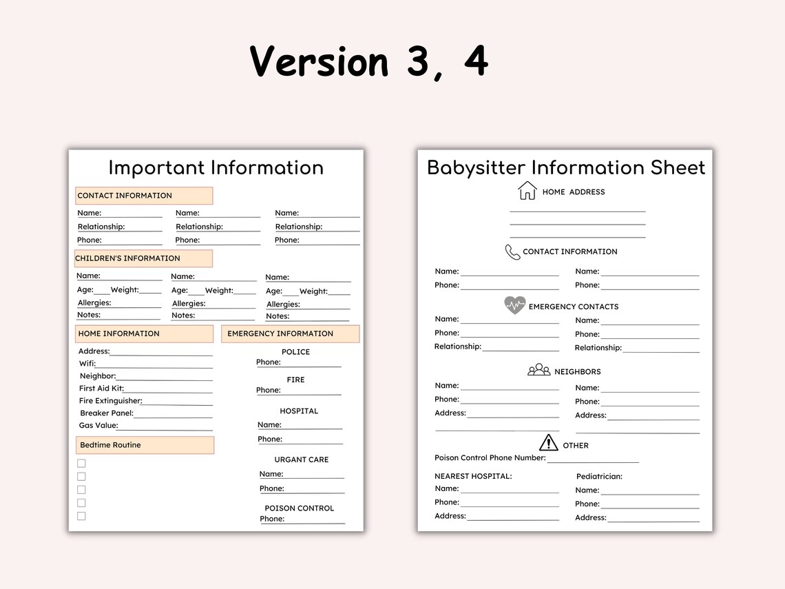 BABYSITTER Information Sheet Printable, BABYSITTER Binder, Nanny Binder ...