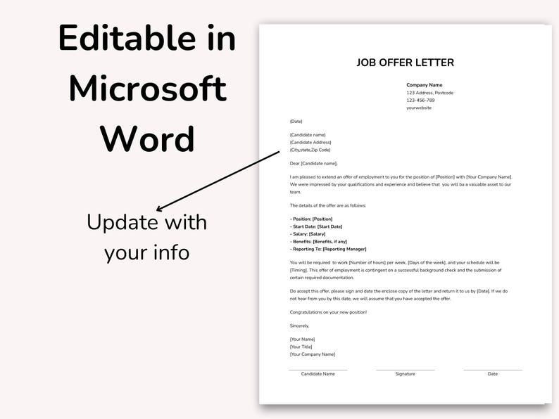 Job Offer Letter Google Docs/ms Word Template, Employment Offer Letter ...