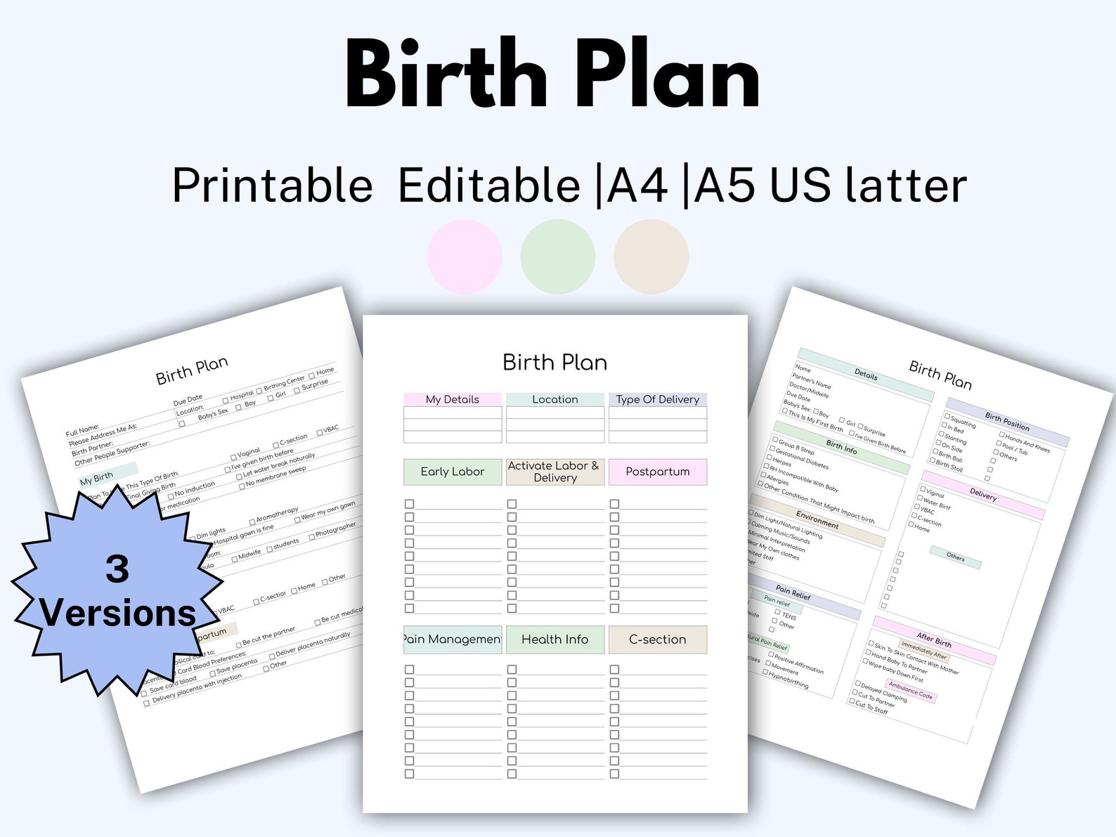 EDITABLE Birth Plan, Printable Birth Plan Template, Birth Preference ...