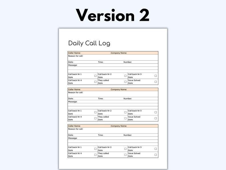 Printable Daily Call Log, Communication Log, Call Back Tracker, Missed ...