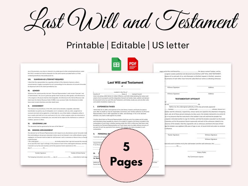 Last Will and Testament Form Printable, End of Life Planner PDF ...