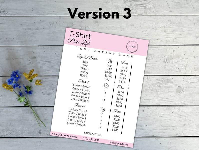 Editable TSHIRT Price List Template, Shirt Order Form, Printable Price ...