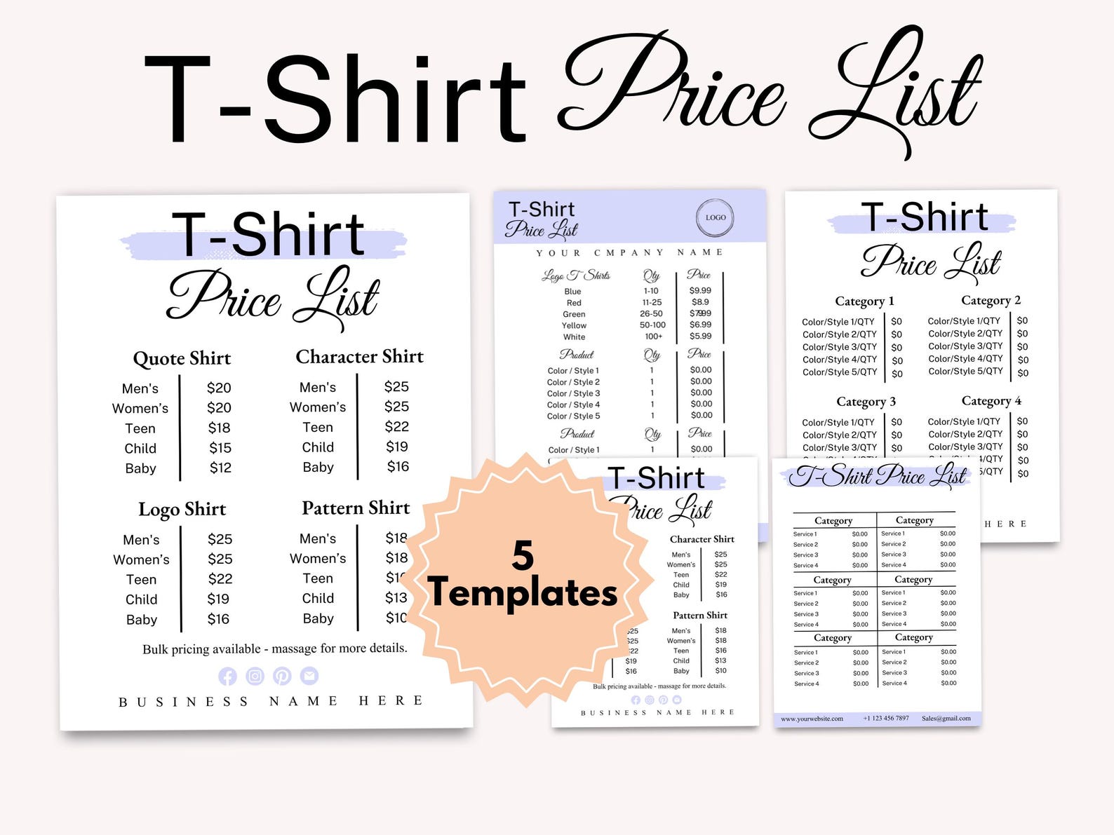 Editable TSHIRT Price List Template, Shirt Order Form, Small Business ...