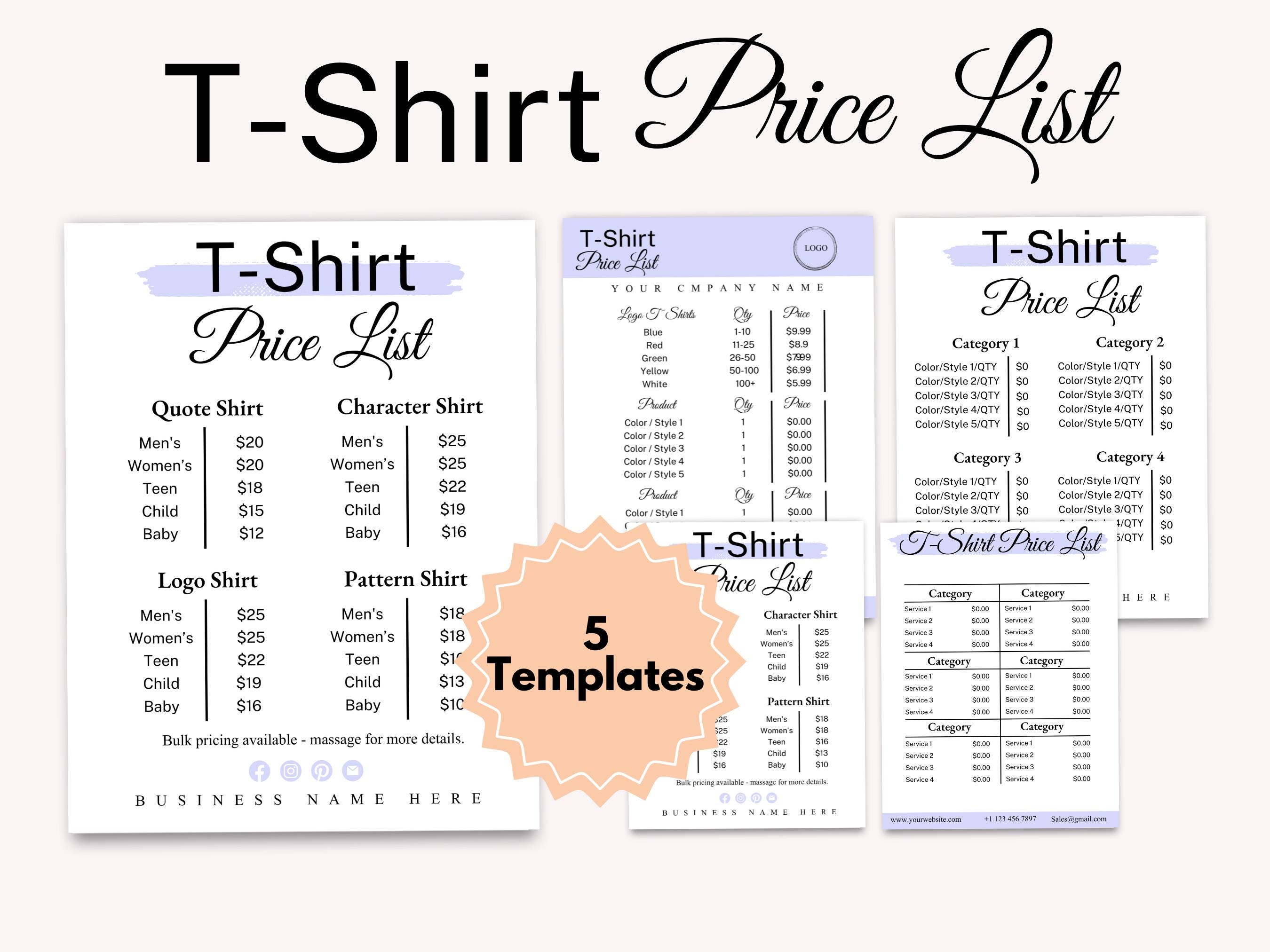 Editable TSHIRT Price List Template, Shirt Order Form, Small Business ...