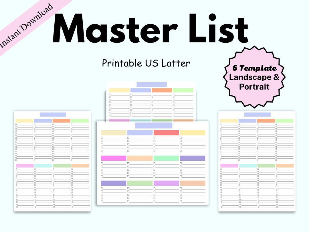 Master Task List Printable, Blank Checklist Template, Master to Do List ...
