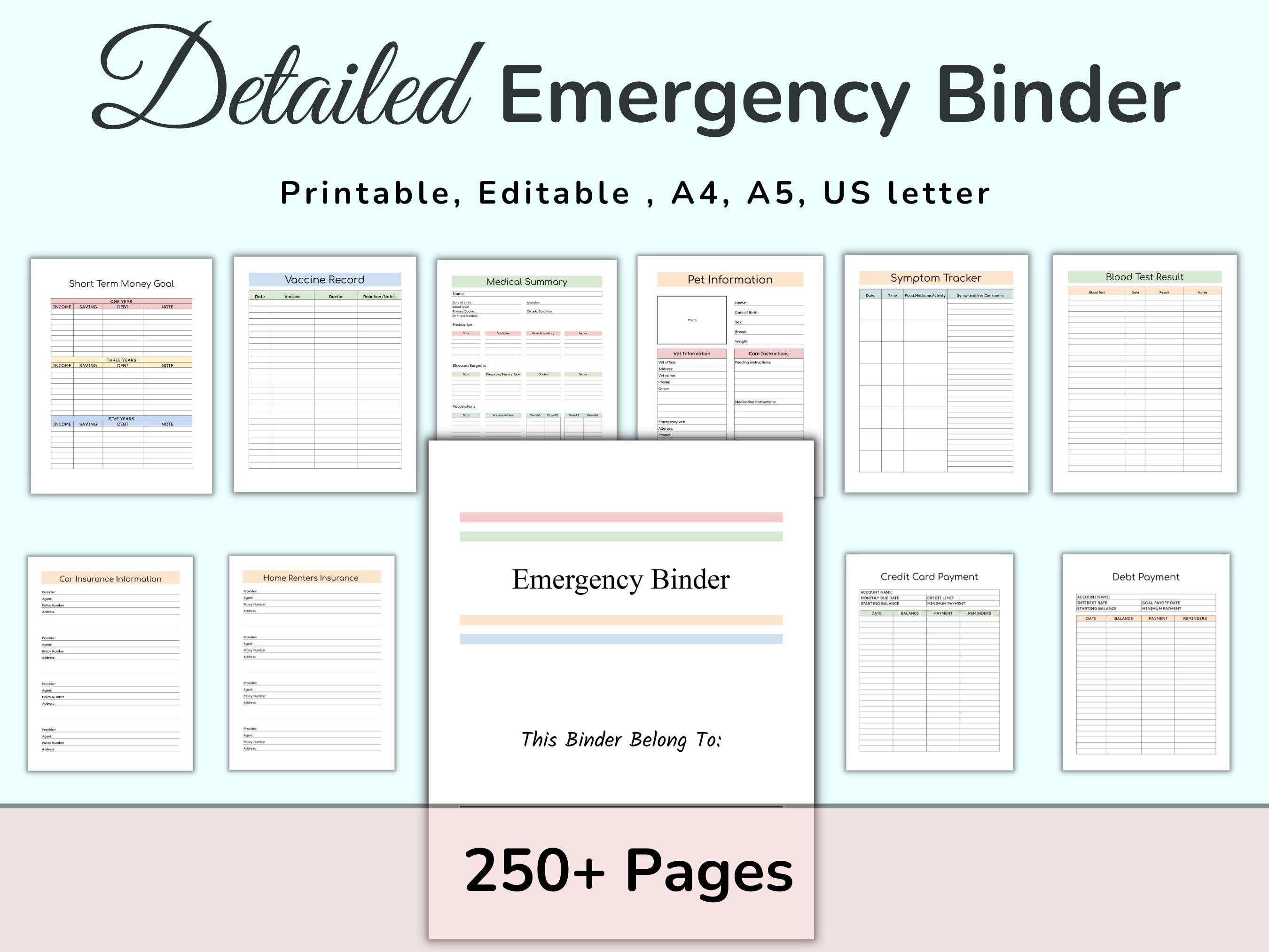 Detailed Emergency Binder, Emergency Checklist, Emergency Plan ...