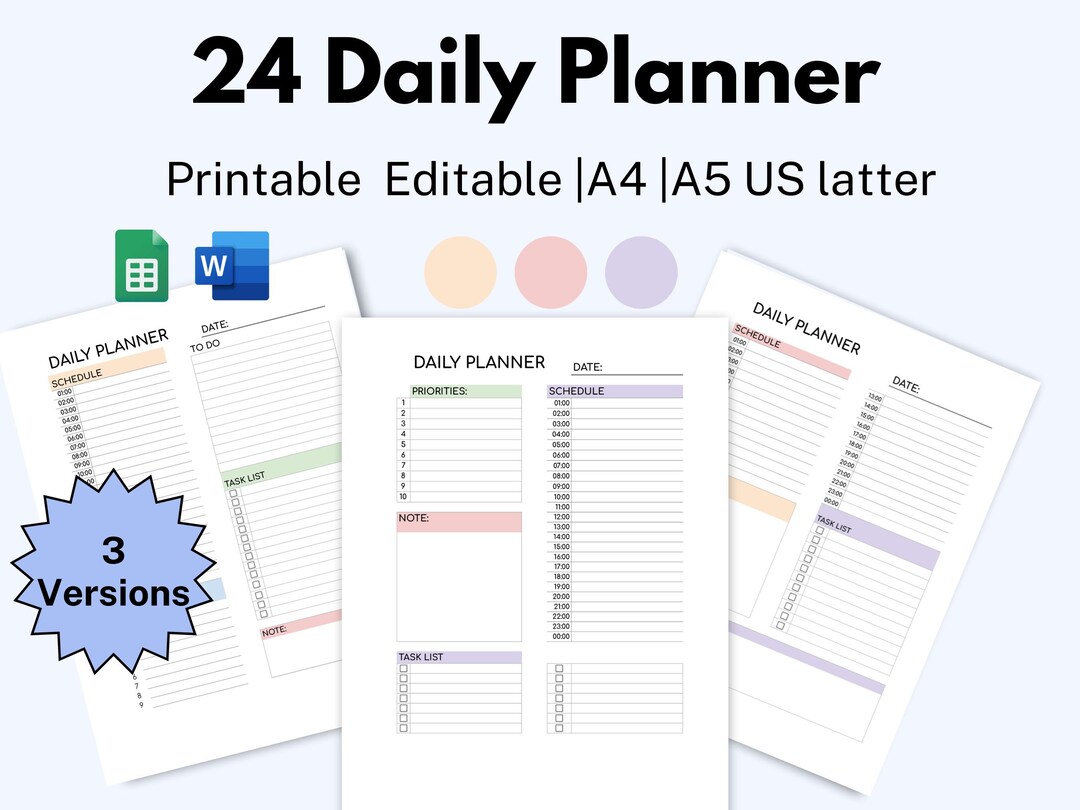 24 Hour Daily Planner Printable, Hourly Planner, Military Time Plan ...