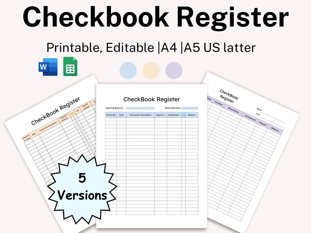 Printable Checkbook Register Template, Bank Account Tracker, Checking ...