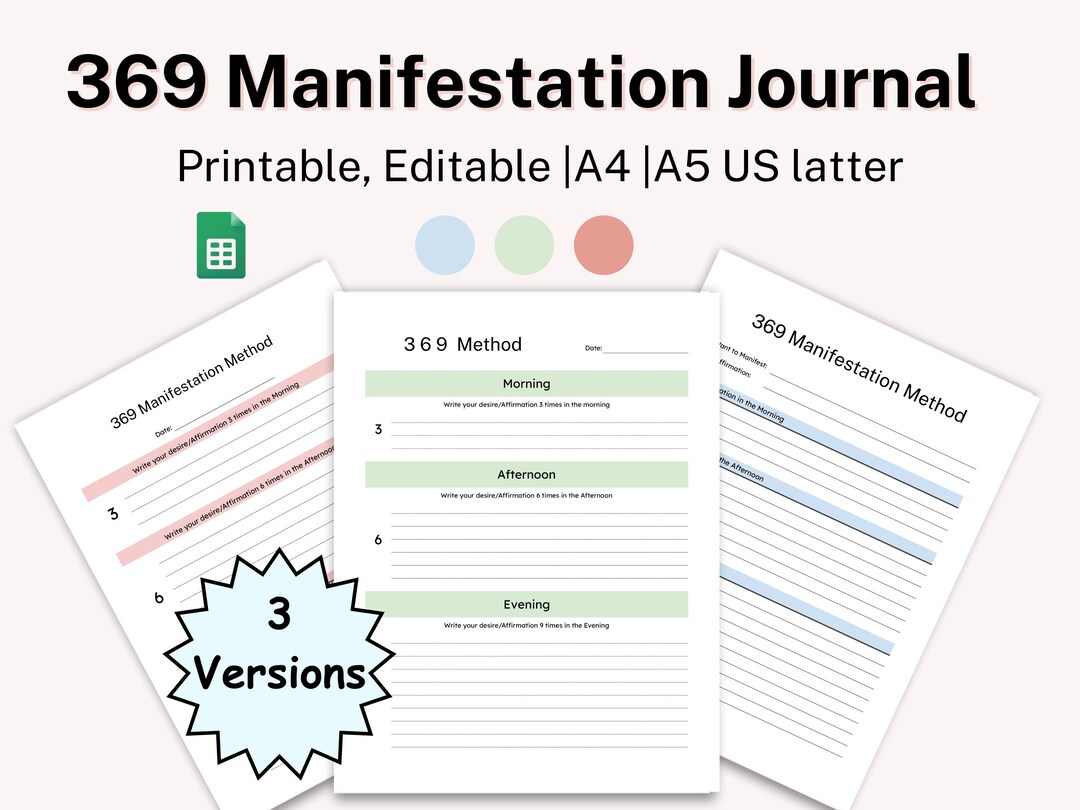 369 MANIFESTATION Journal Printable, Gratitude Journal, Wellness ...